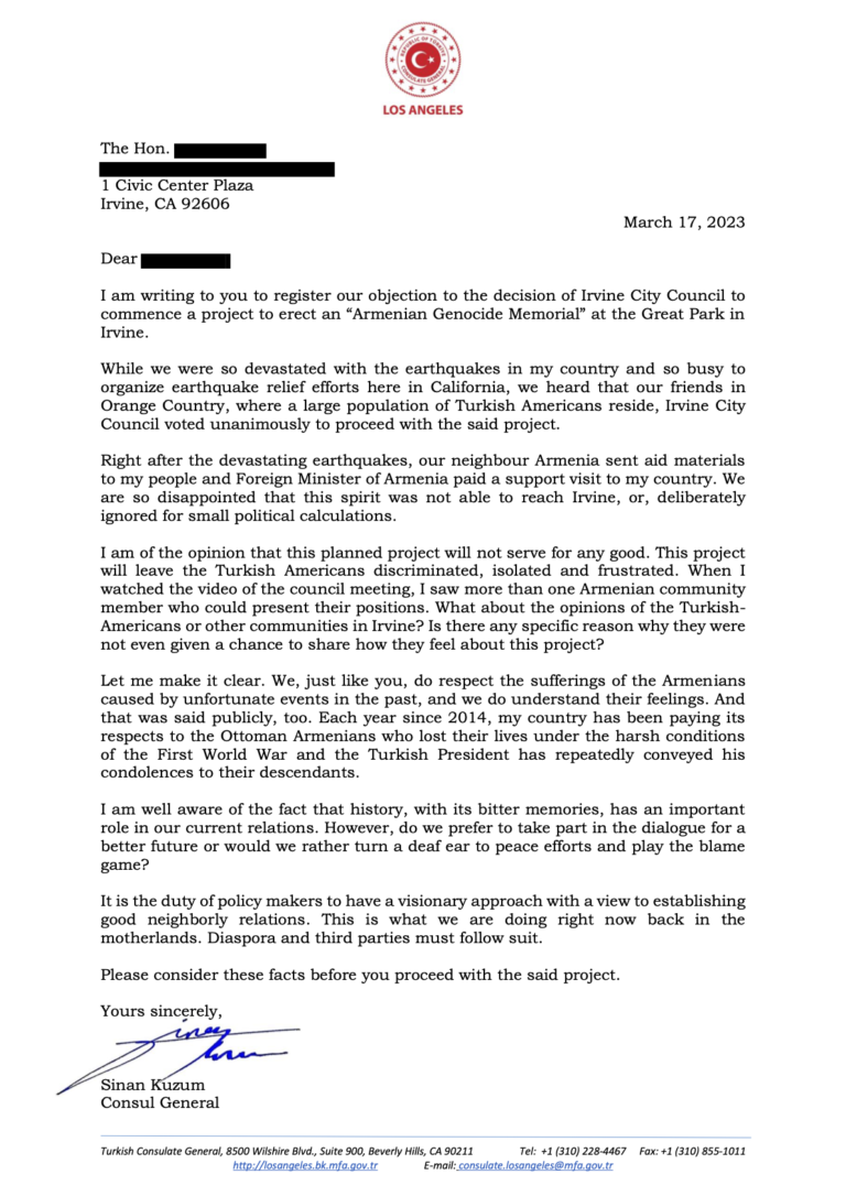 Turkey's Consul Says Armenian Genocide Memorial In Irvine Will ...